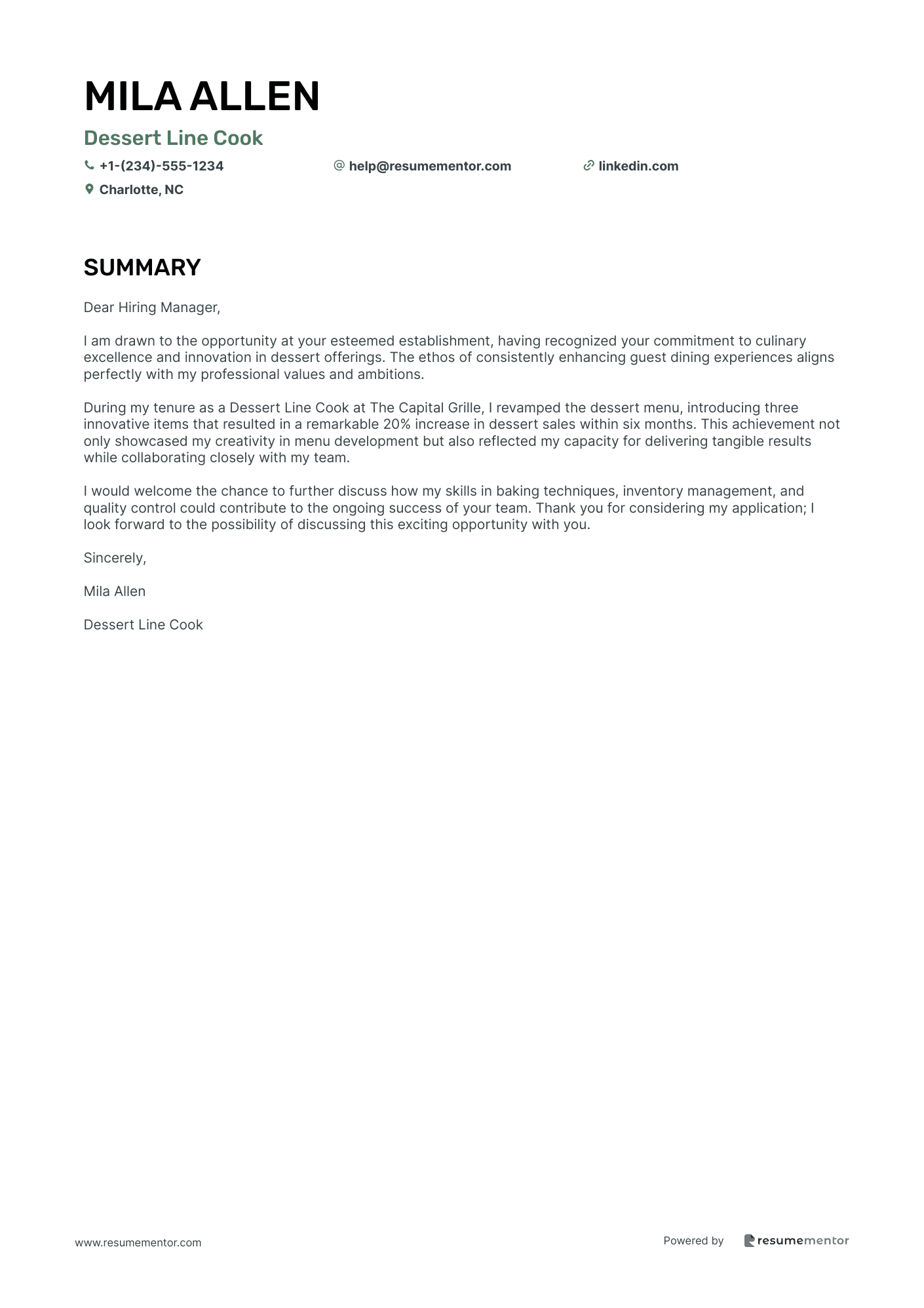 Line Cook Cover Letter Examples by ResumeMentor.com - Professional ...