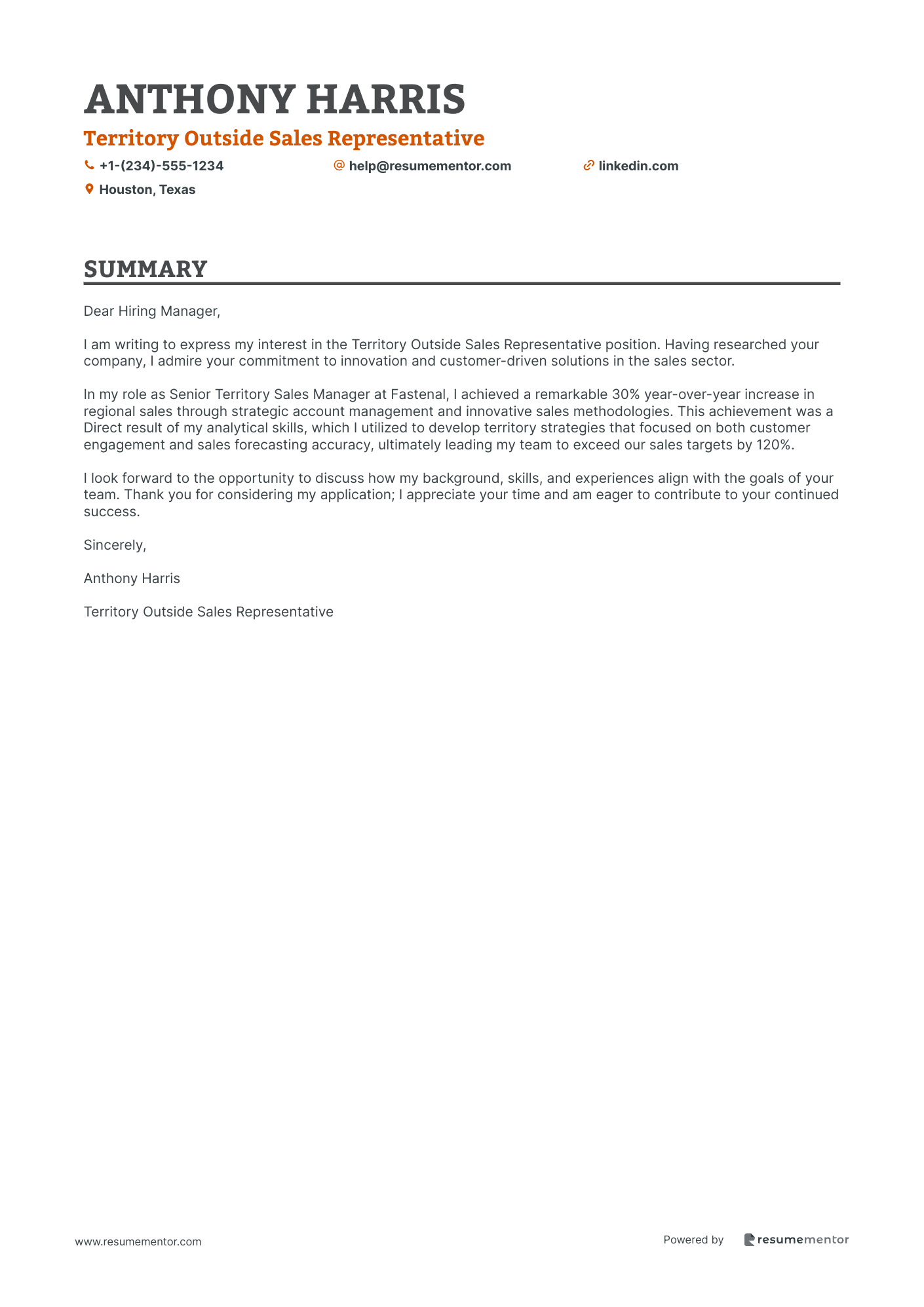 Outside Sales Cover Letter Examples by ResumeMentor.com - Professional ...