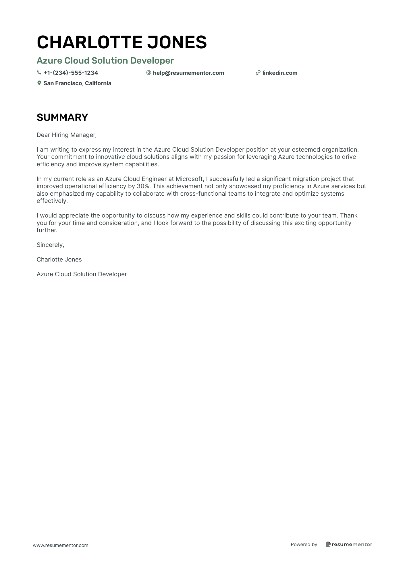 Azure Developer Cover Letter Examples by ResumeMentor.com ...