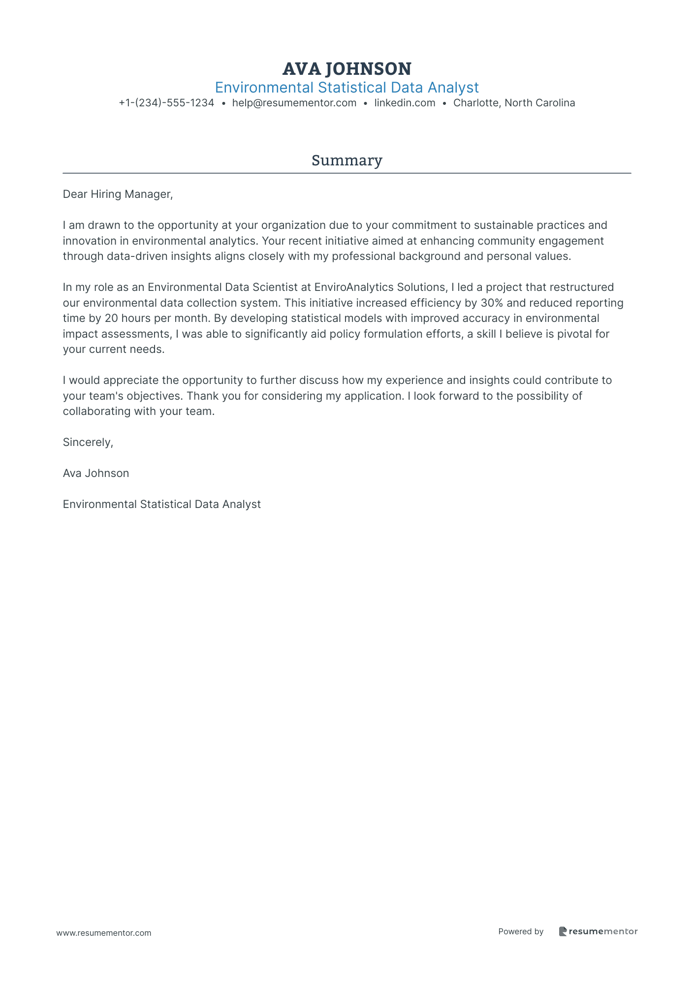 Statistical Data Analyst Cover Letter Examples by ResumeMentor.com ...