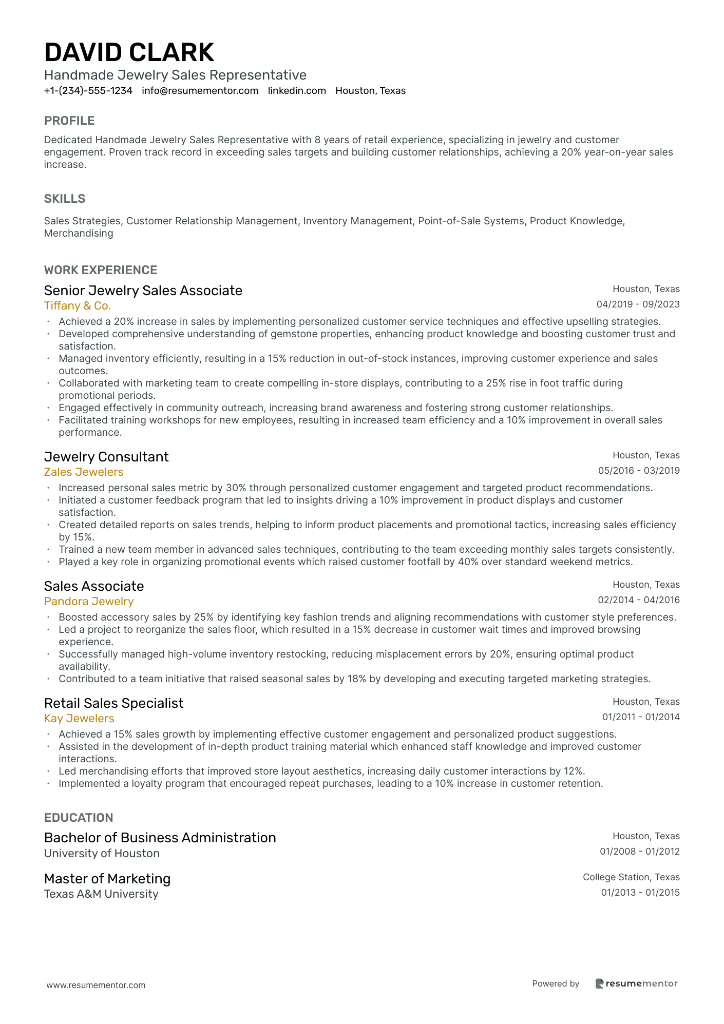 Jewelry Sales Resume Example - Free to Edit ATS-Friendly PDF - 2025