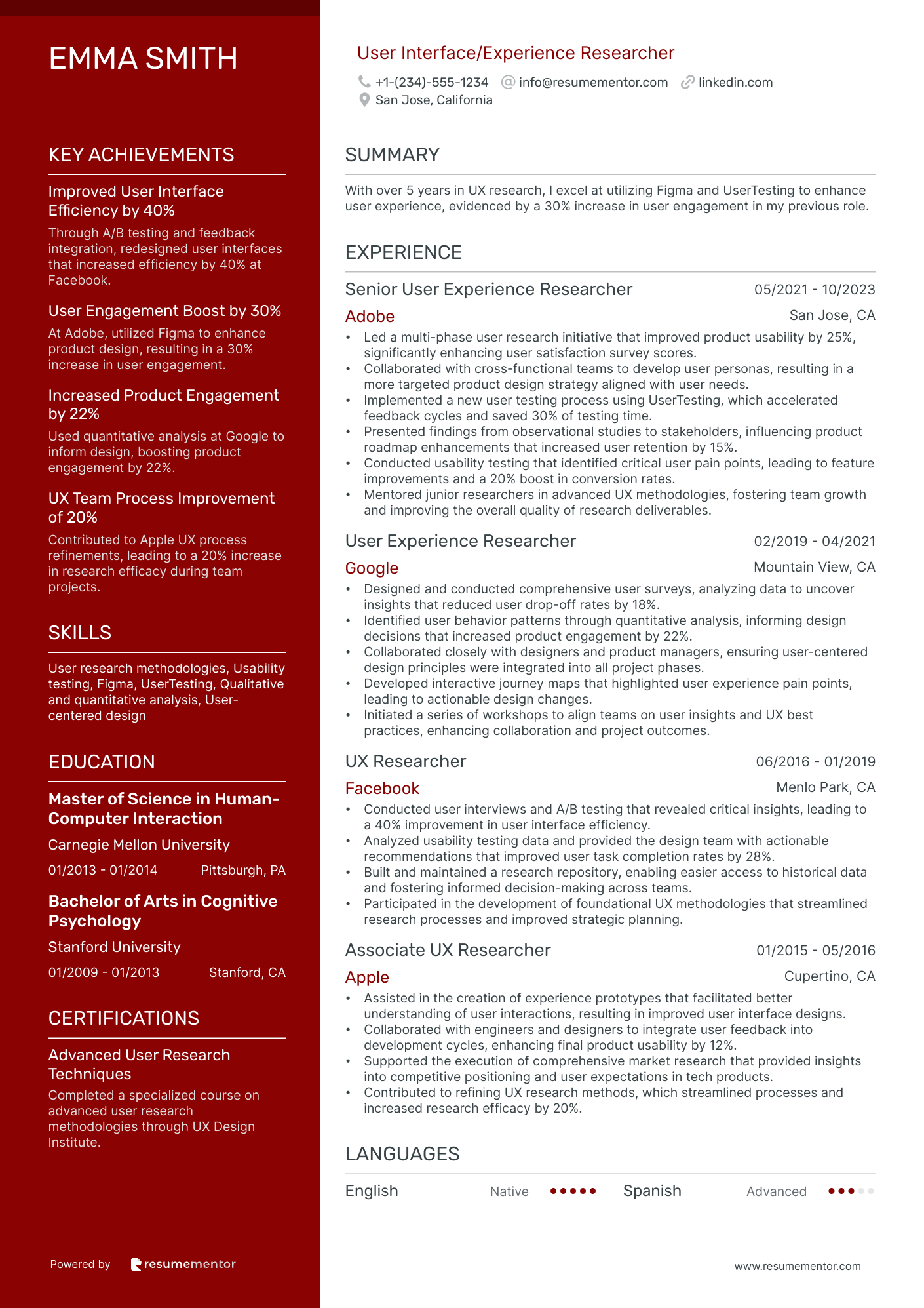 User Experience Researcher Resume Examples - Free to Edit ATS-Friendly ...
