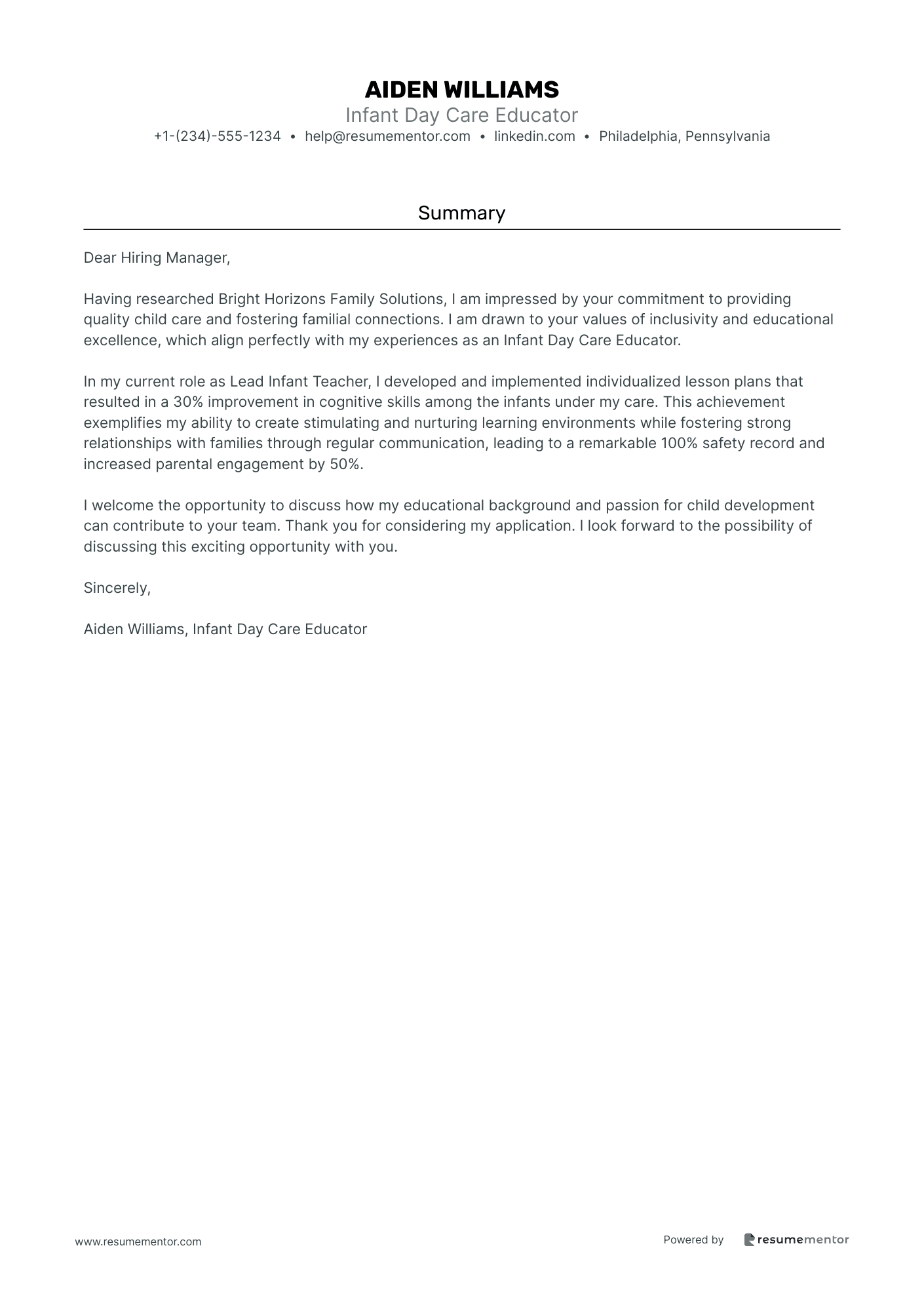 Day Care Teacher Cover Letter Examples by ResumeMentor.com ...