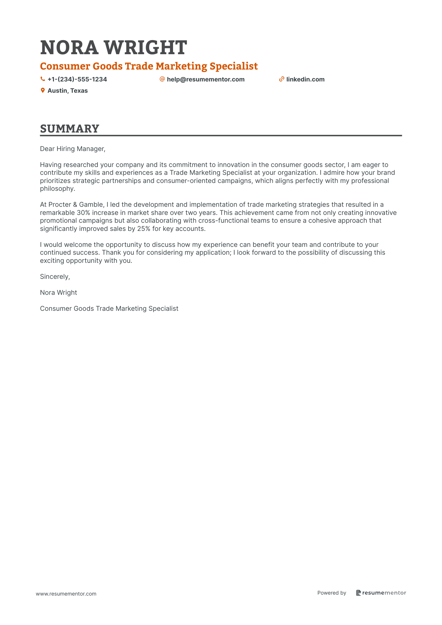 Trade Marketing Cover Letter Examples by ResumeMentor.com ...