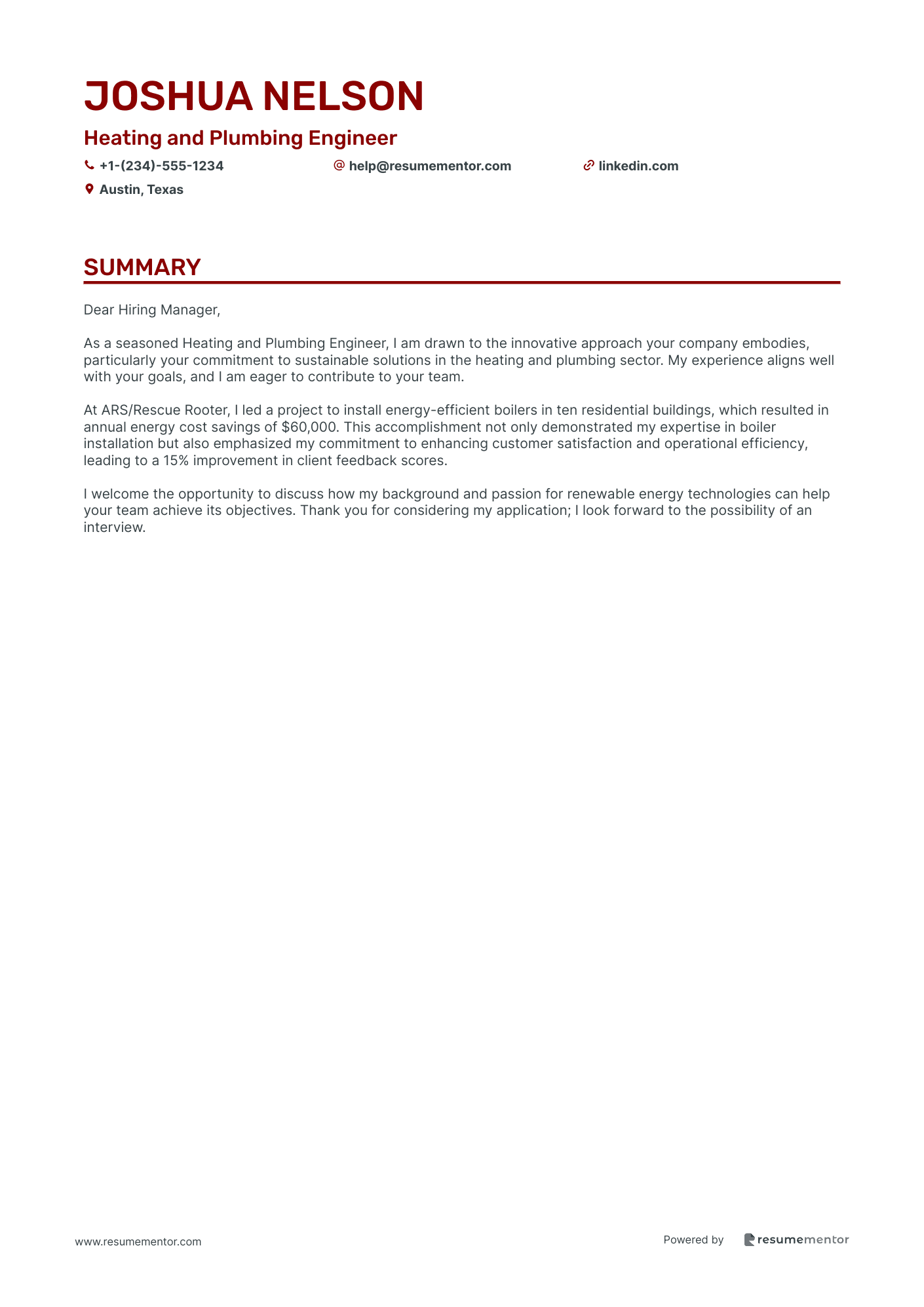Plumber Cover Letter Examples by ResumeMentor.com - Professional Cover ...