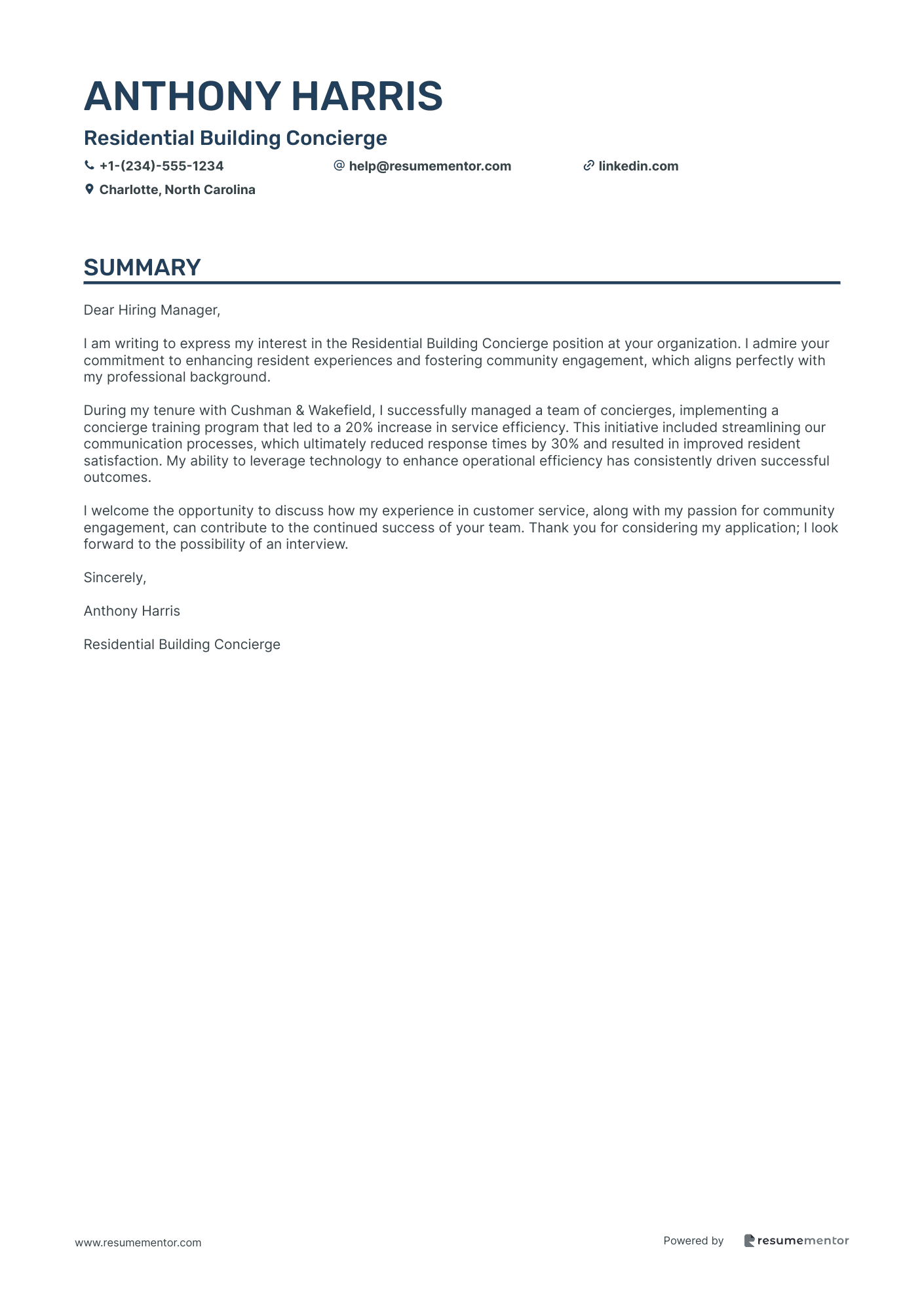 Concierge Cover Letter Examples by ResumeMentor.com - Professional ...