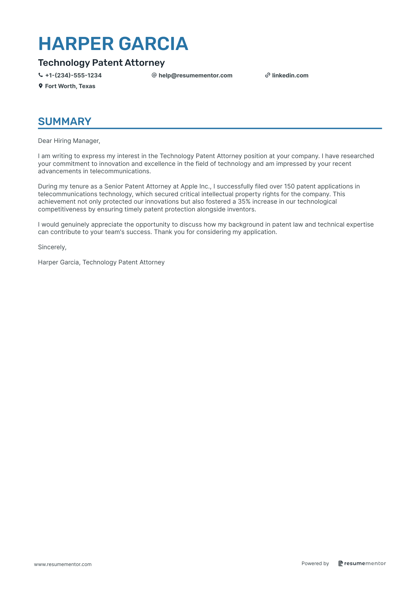 Patent Lawyer Cover Letter Examples by ResumeMentor.com - Professional ...