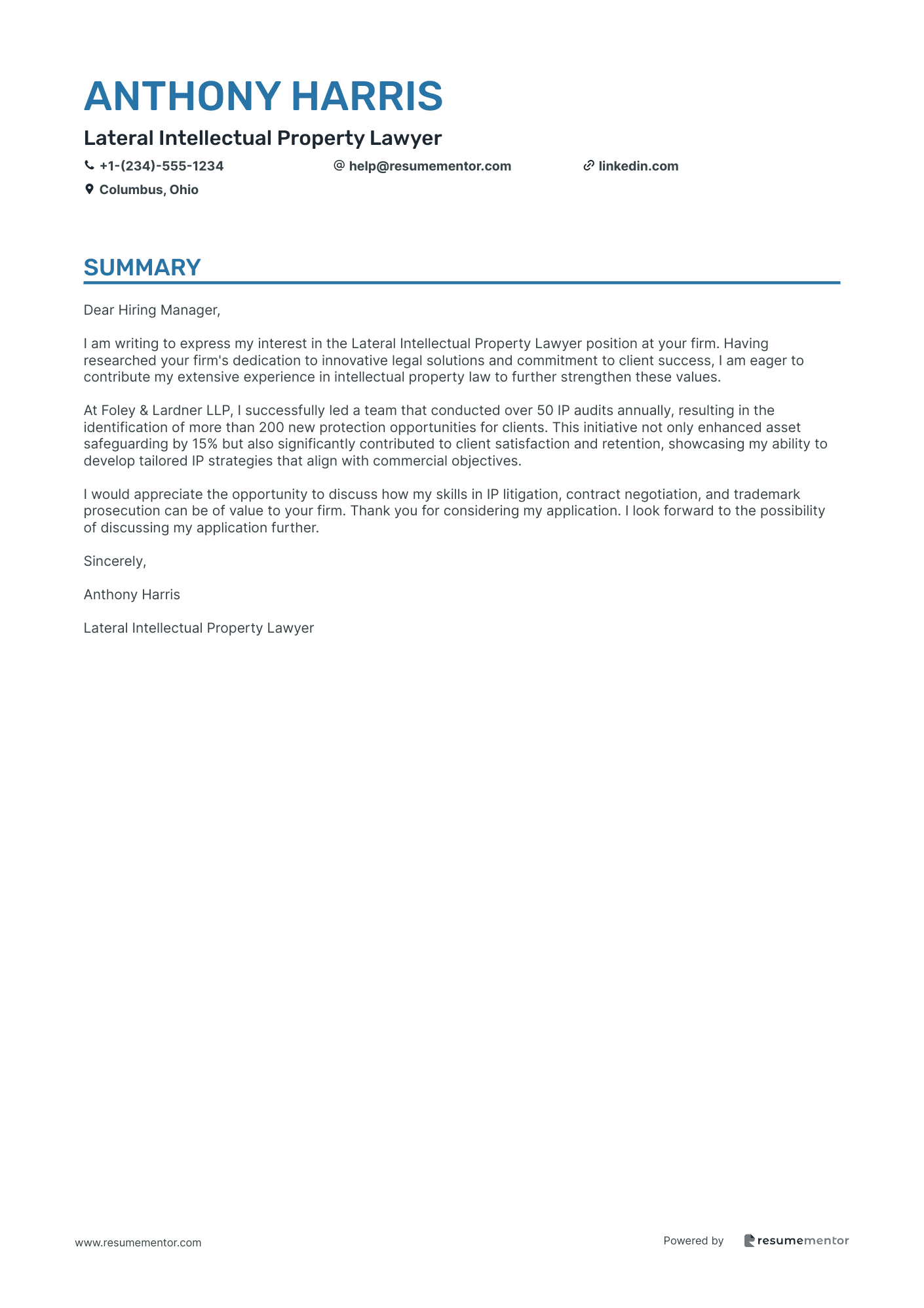 Lateral Lawyer Cover Letter Examples by ResumeMentor.com - Professional ...