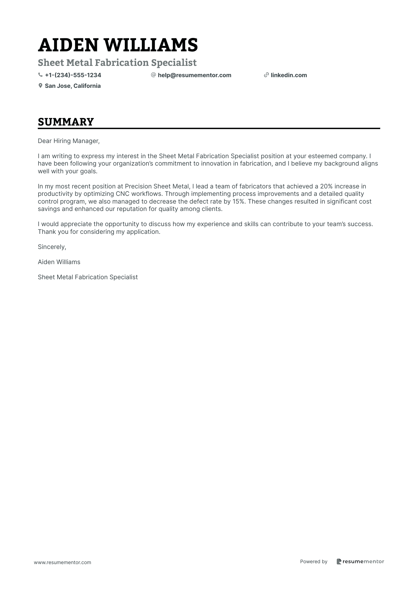Sheet Metal Worker Cover Letter Examples by ResumeMentor.com ...