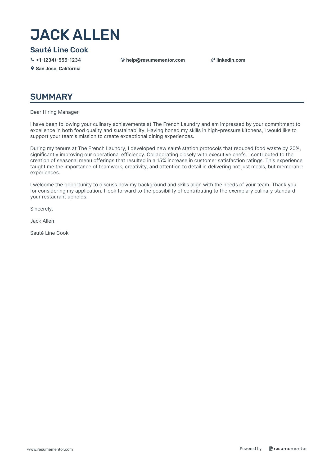 Line Cook Cover Letter Examples by ResumeMentor.com - Professional ...