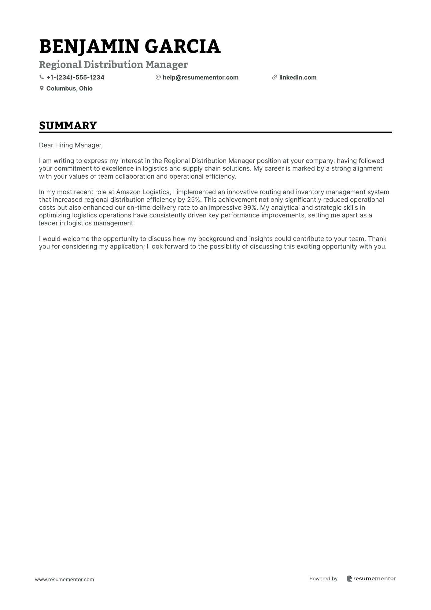 Transportation Manager Cover Letter Examples by ResumeMentor.com ...
