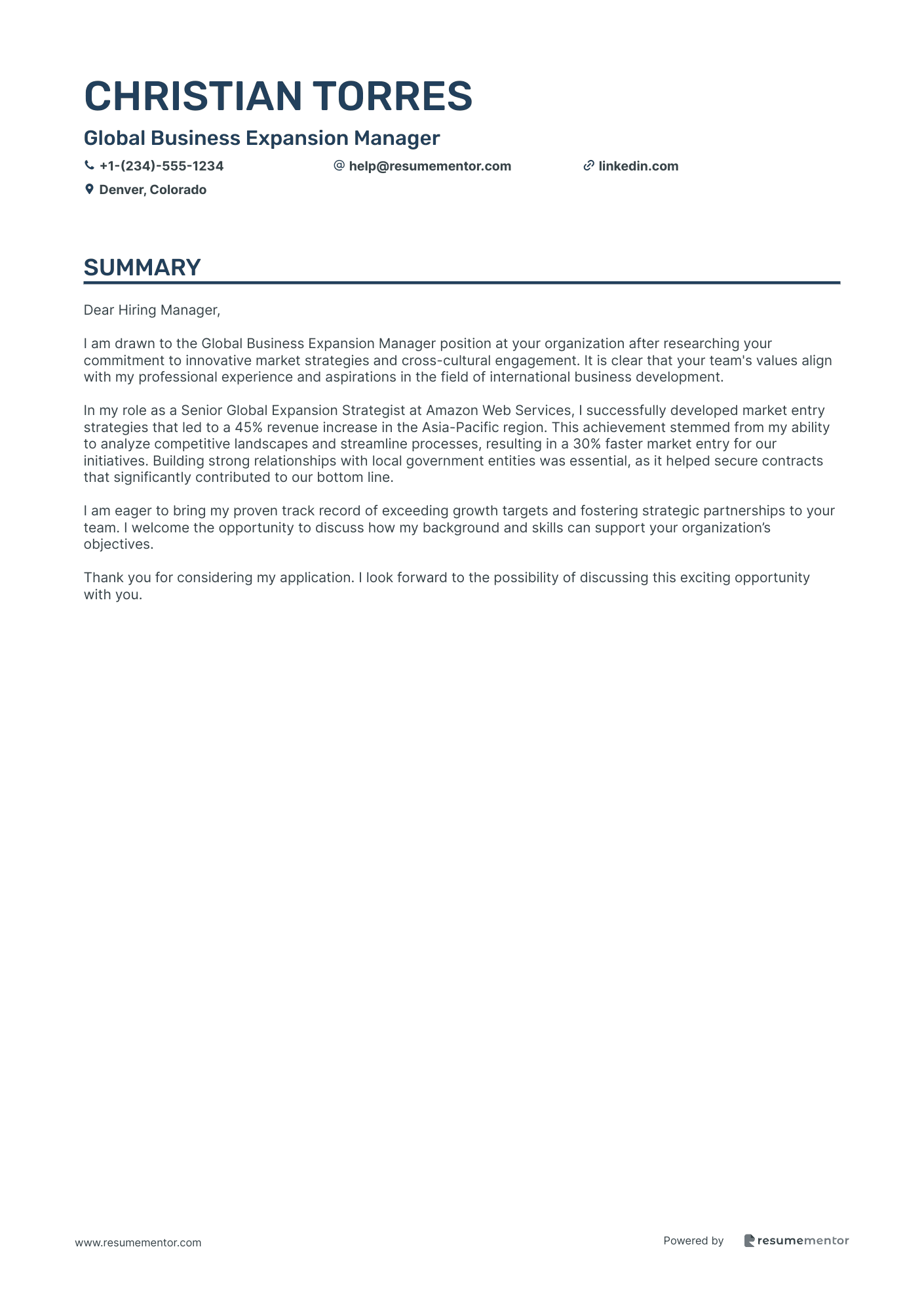 Business Development Manager Cover Letter Examples by ResumeMentor.com ...