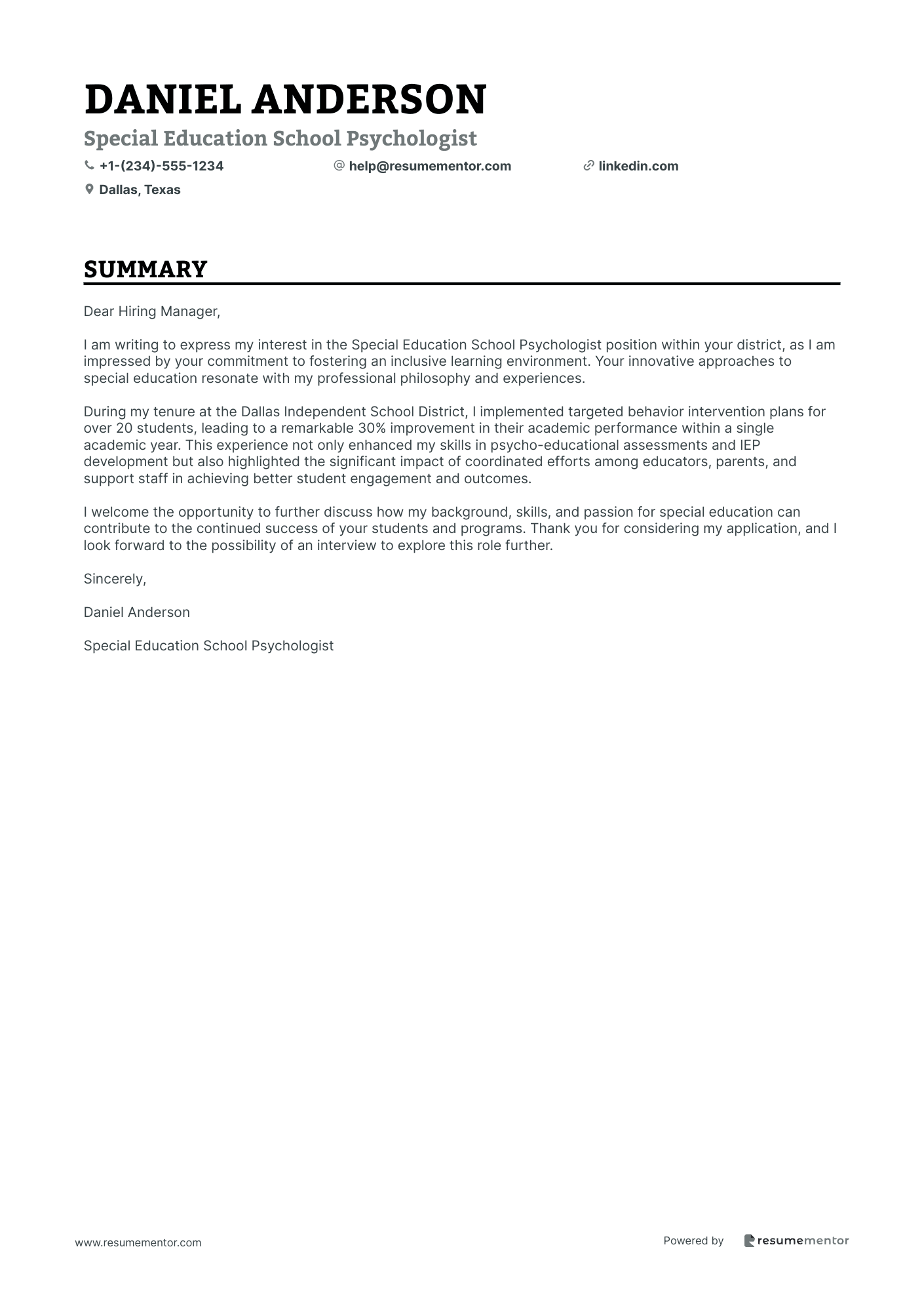 School Psychologist Cover Letter Examples by ResumeMentor.com ...