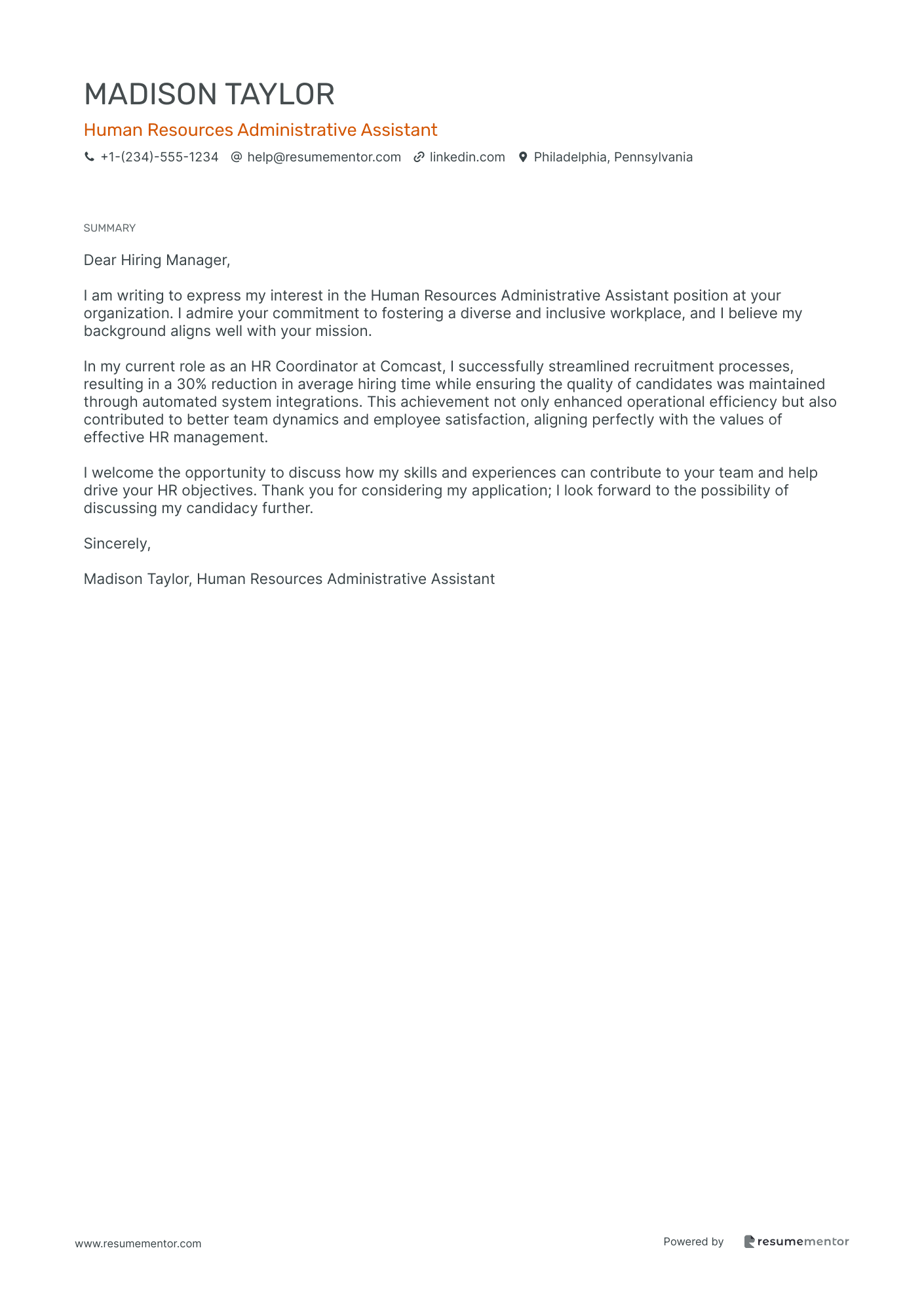 Human Resources Assistant Cover Letter Examples by ResumeMentor.com ...