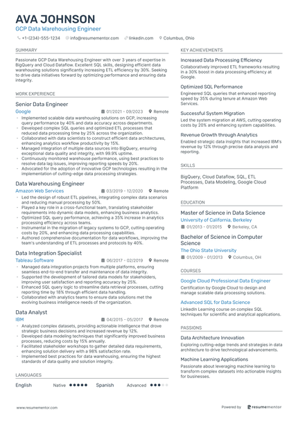 GCP Data Engineer Resume Example - Free to Edit ATS-Friendly PDF - 2025