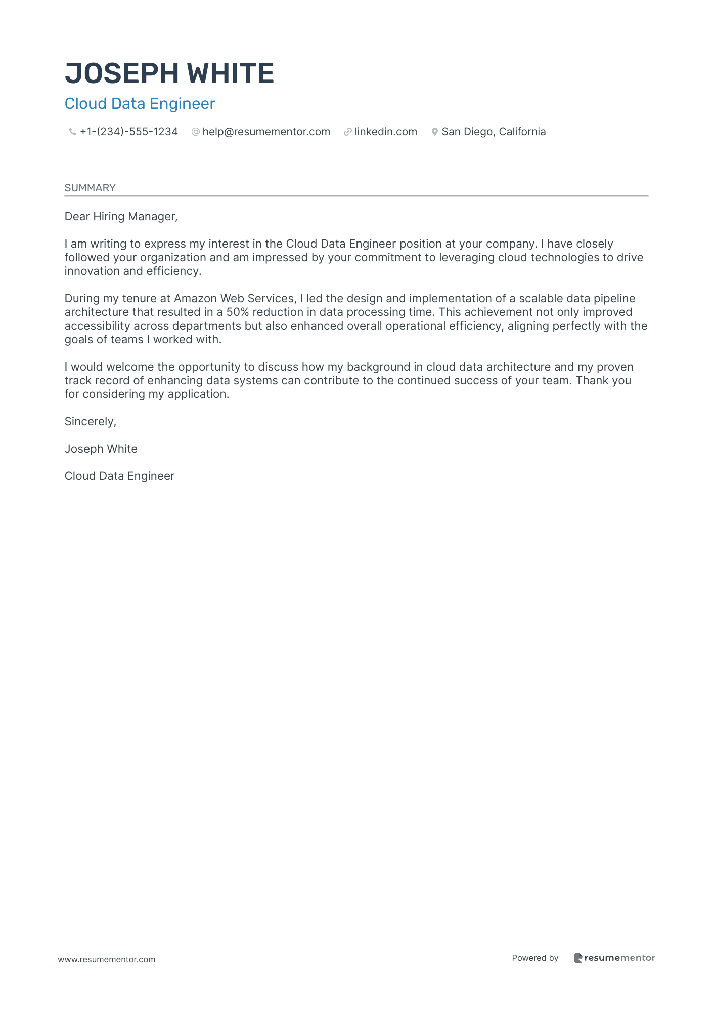 Cloud Engineer Cover Letter Examples by ResumeMentor.com - Professional Cover Letters - Generate ...