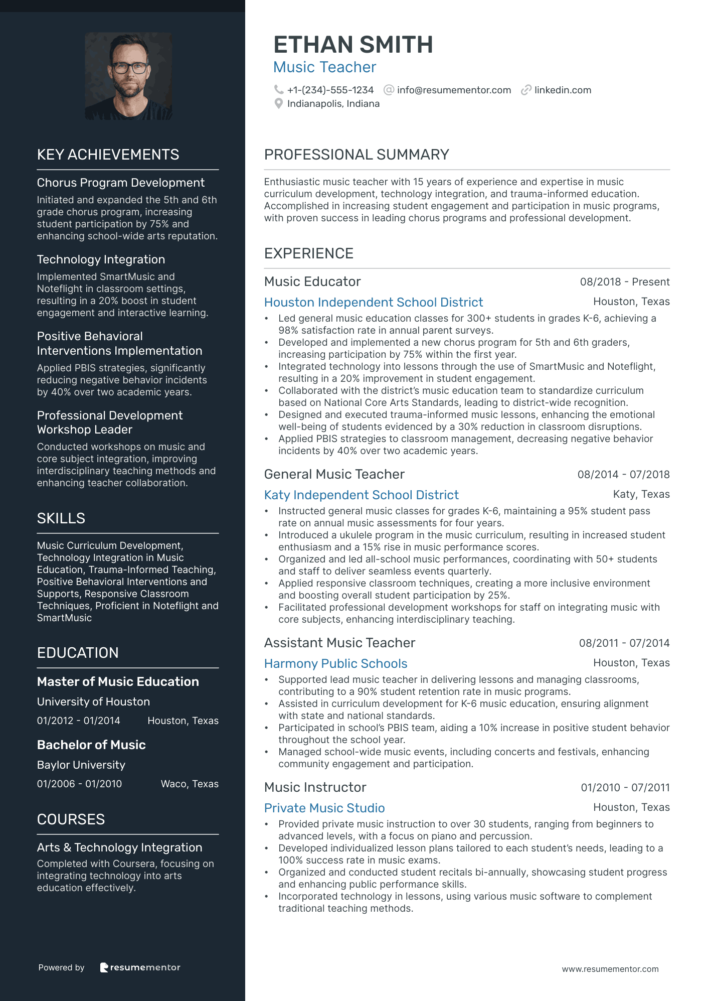 Music Teacher Resume Sample Resume Of Music Teacher With Template