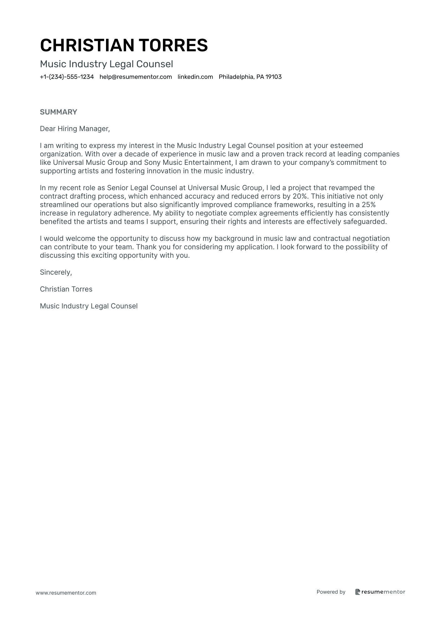 Cover Letter Entertainment