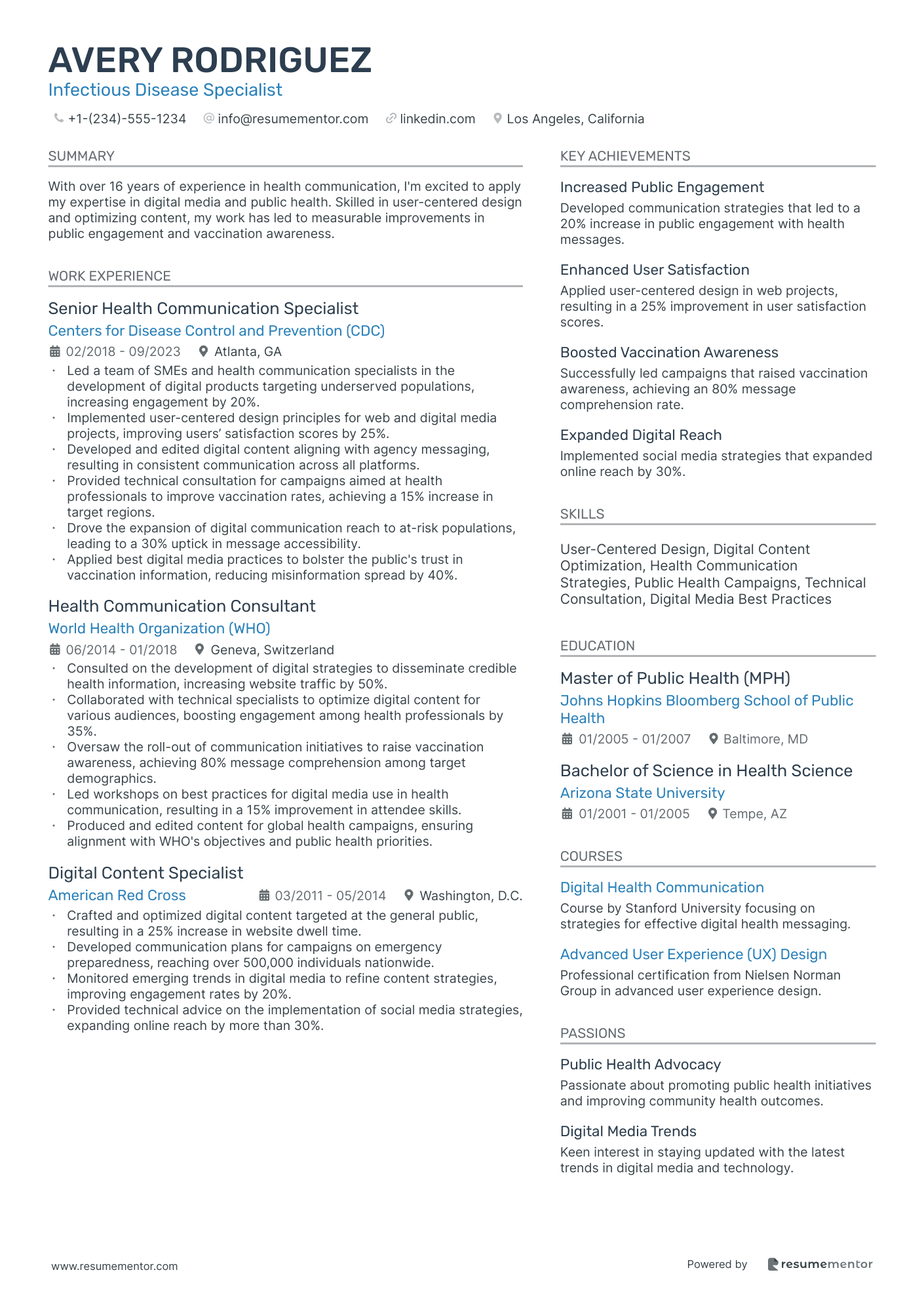 Infectious Disease Specialist Sample Resume