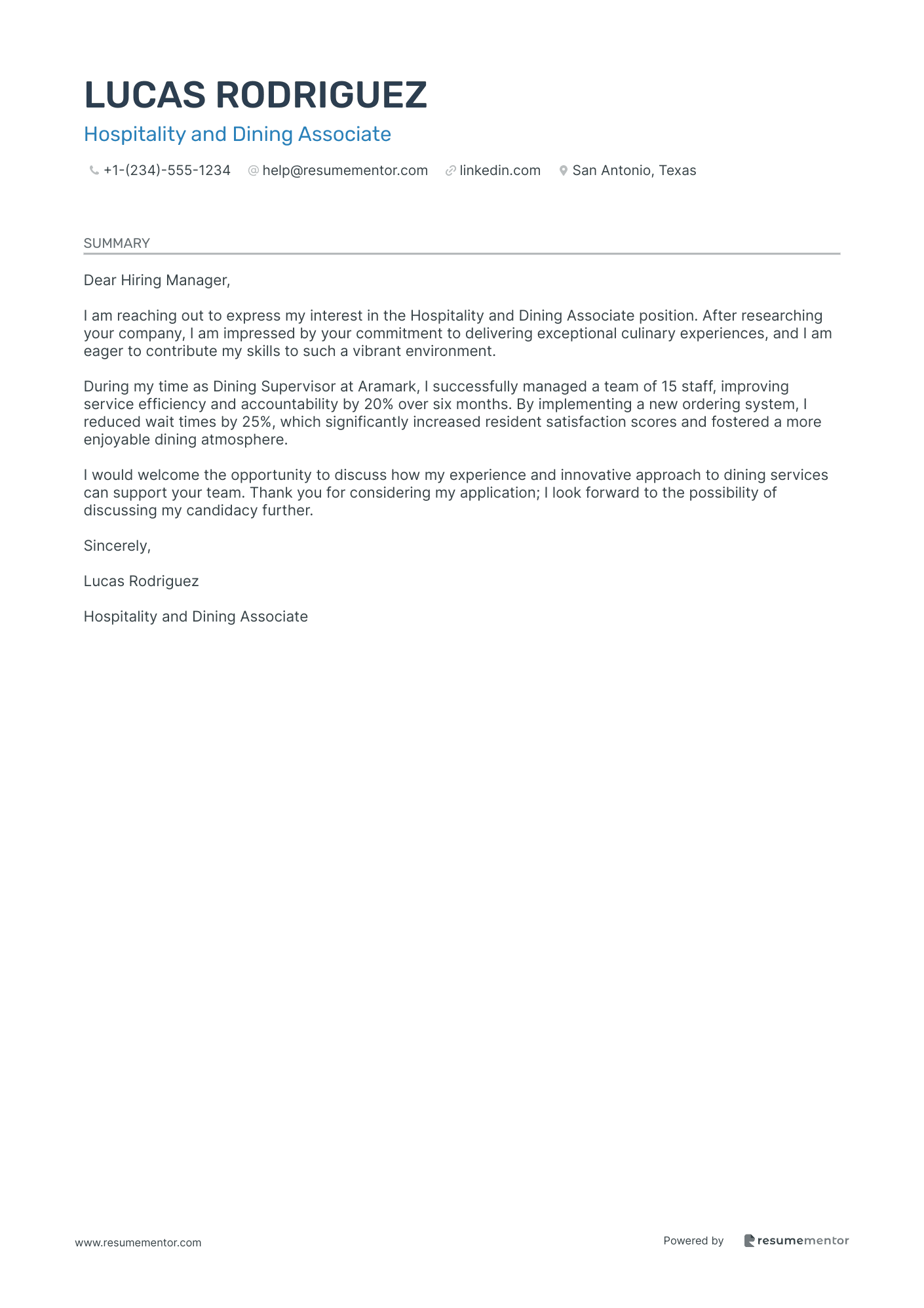 Cover Letter Hospitality Sample