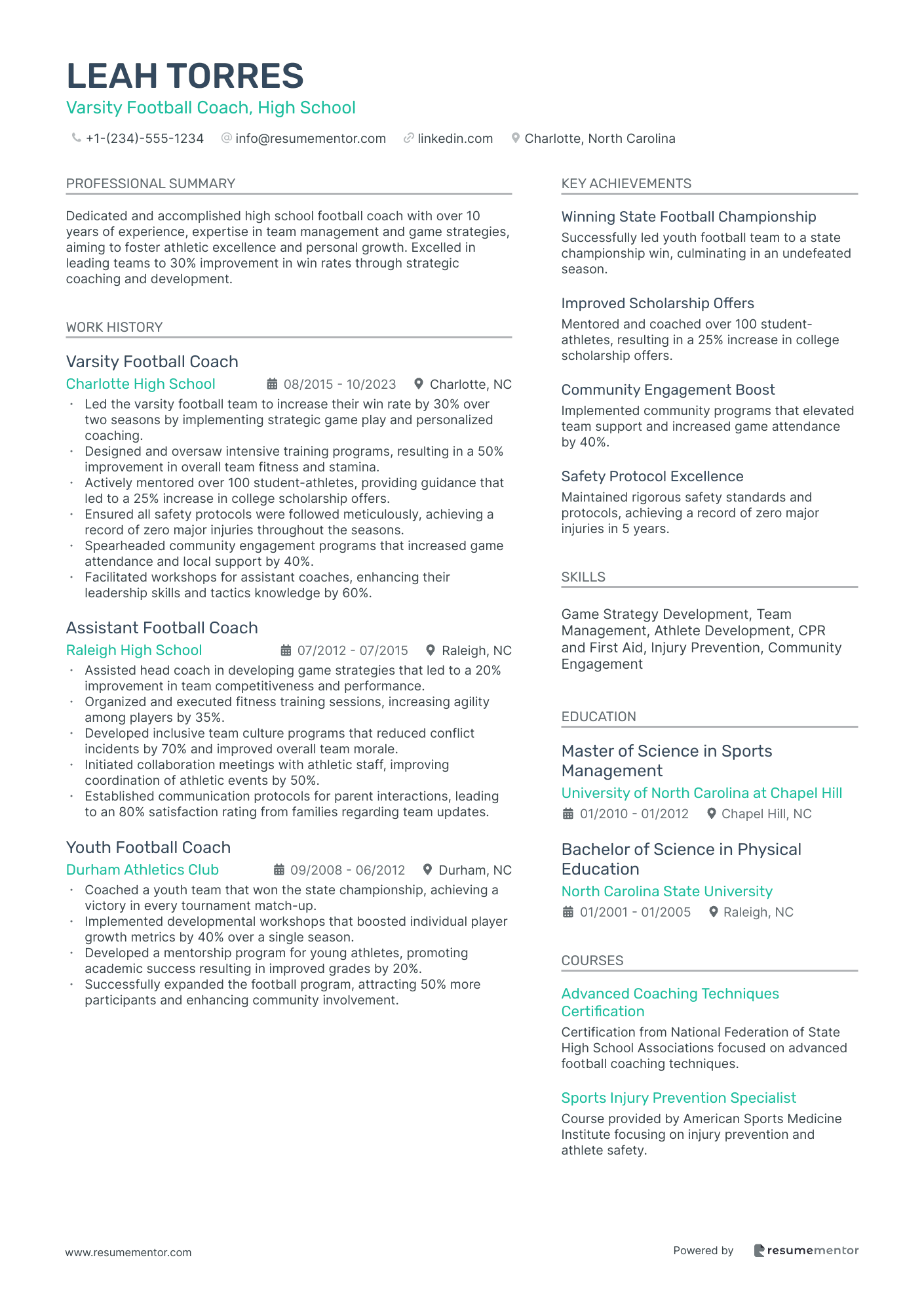 College Football High School Resume