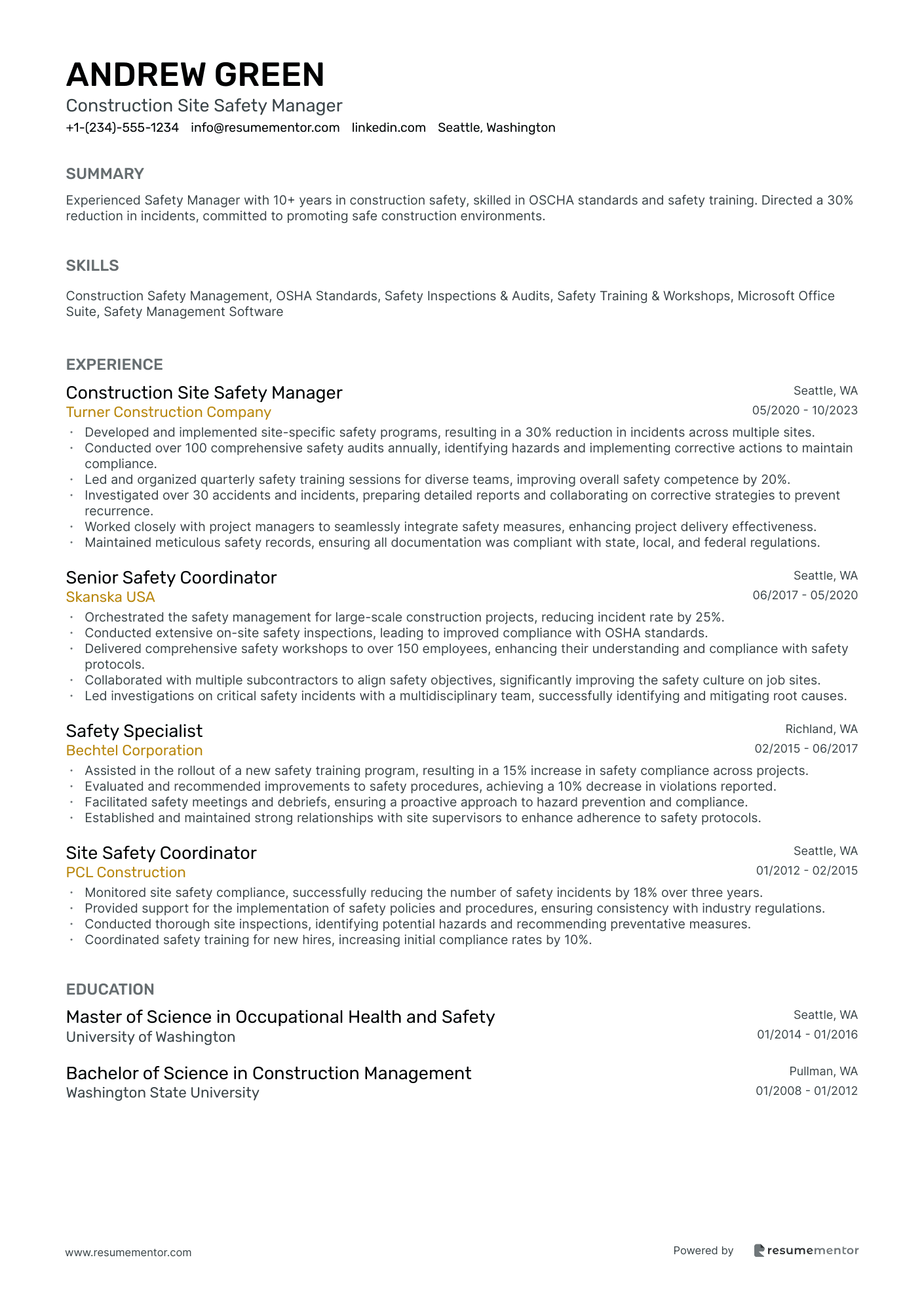 Corporate Safety Manager Resume