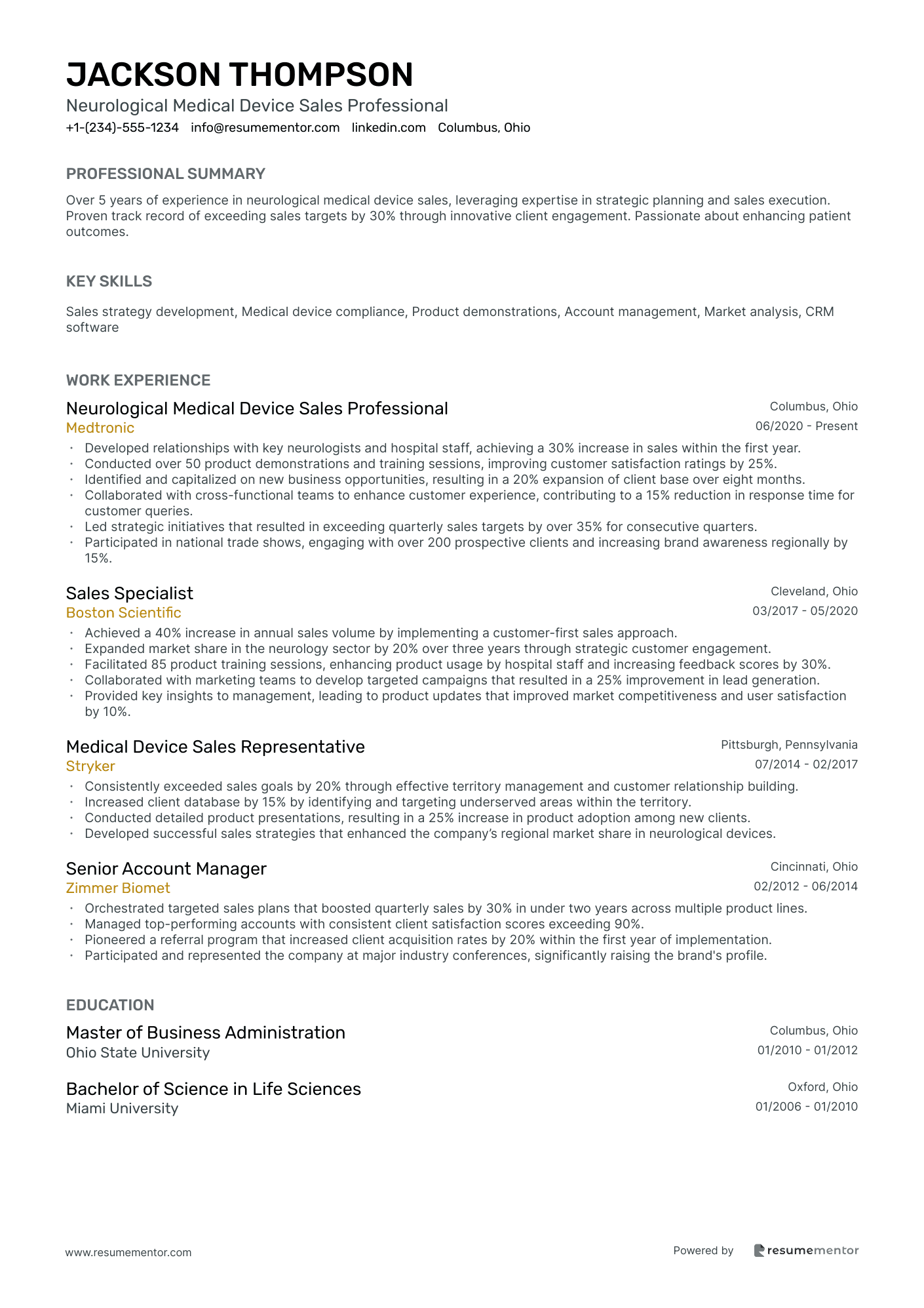 Medical Device Sales Resume Examples