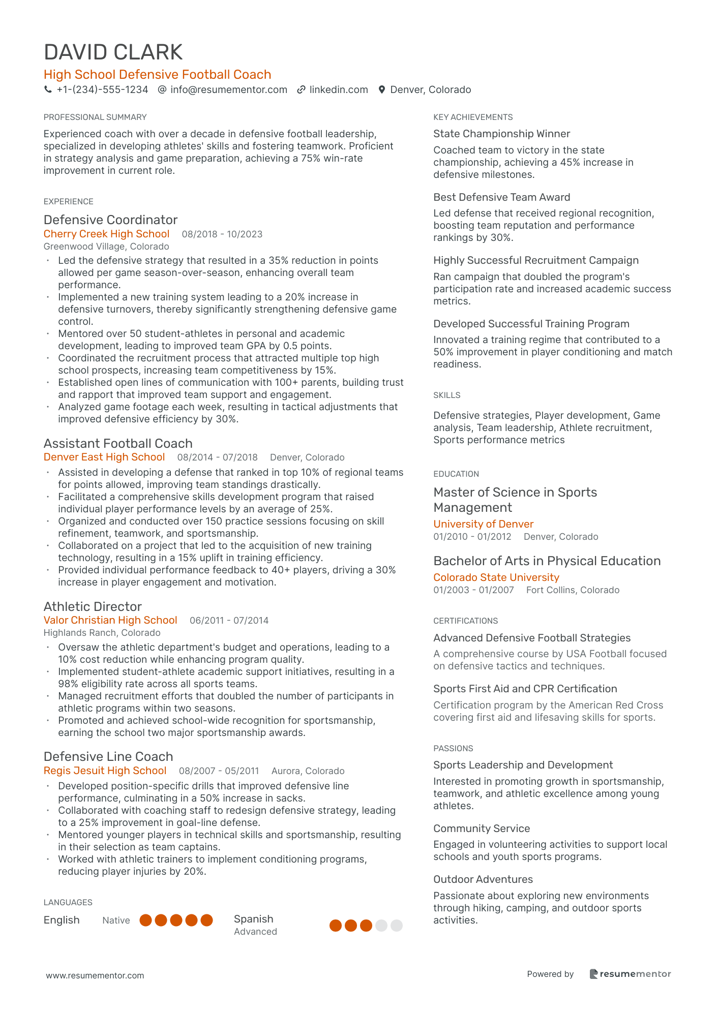 College Football High School Resume