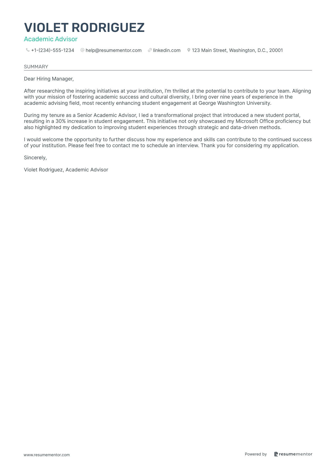 Sample Cover Letter Academic Advisor