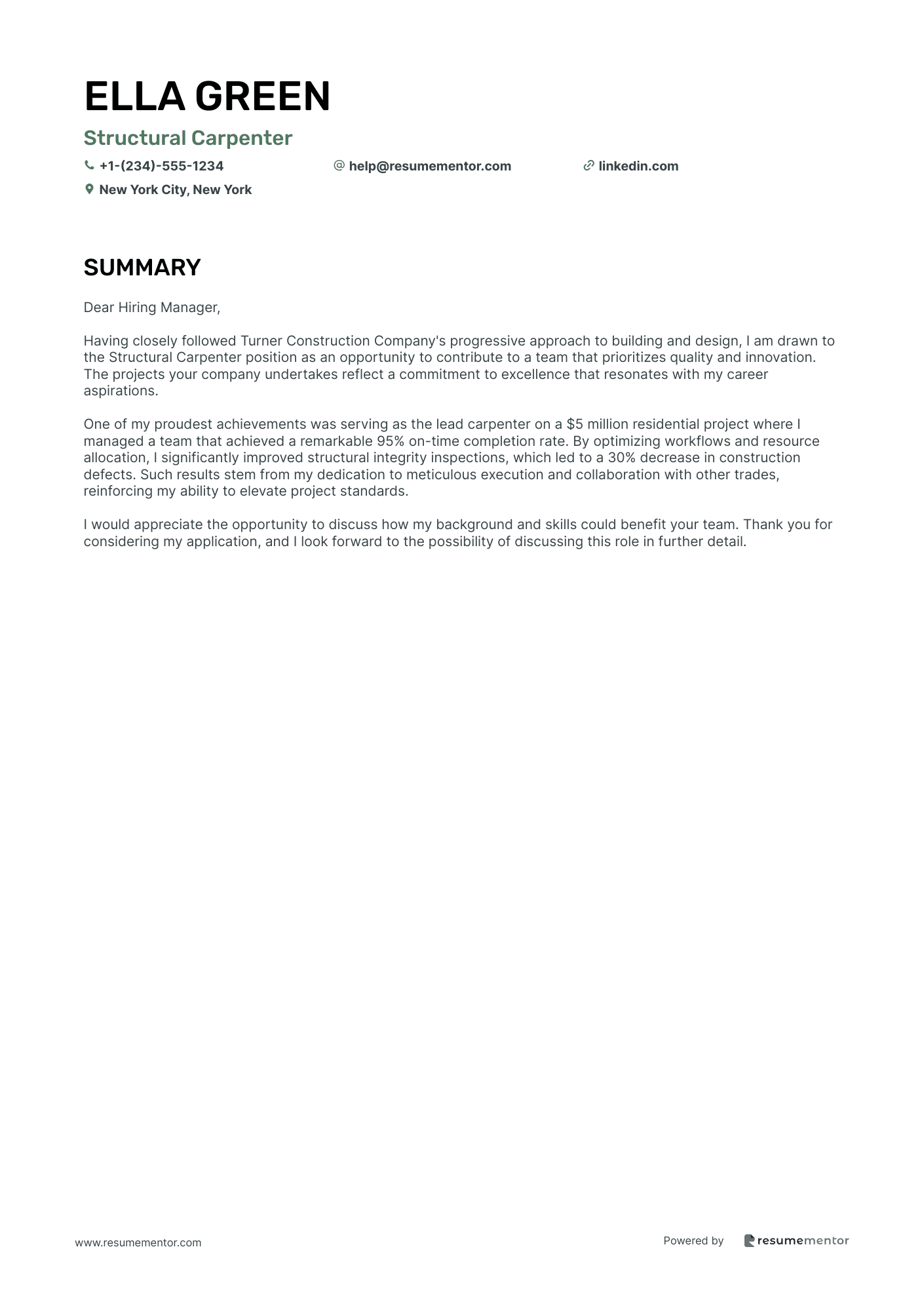 Carpentry Cover Letter