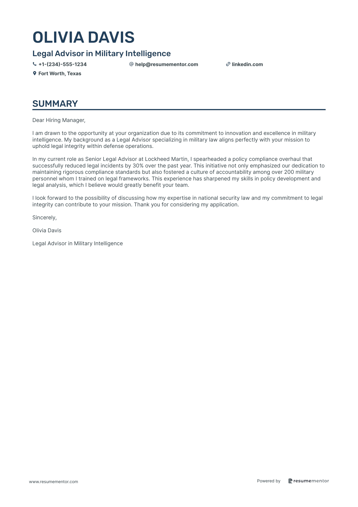 Military Cover Letter Sample