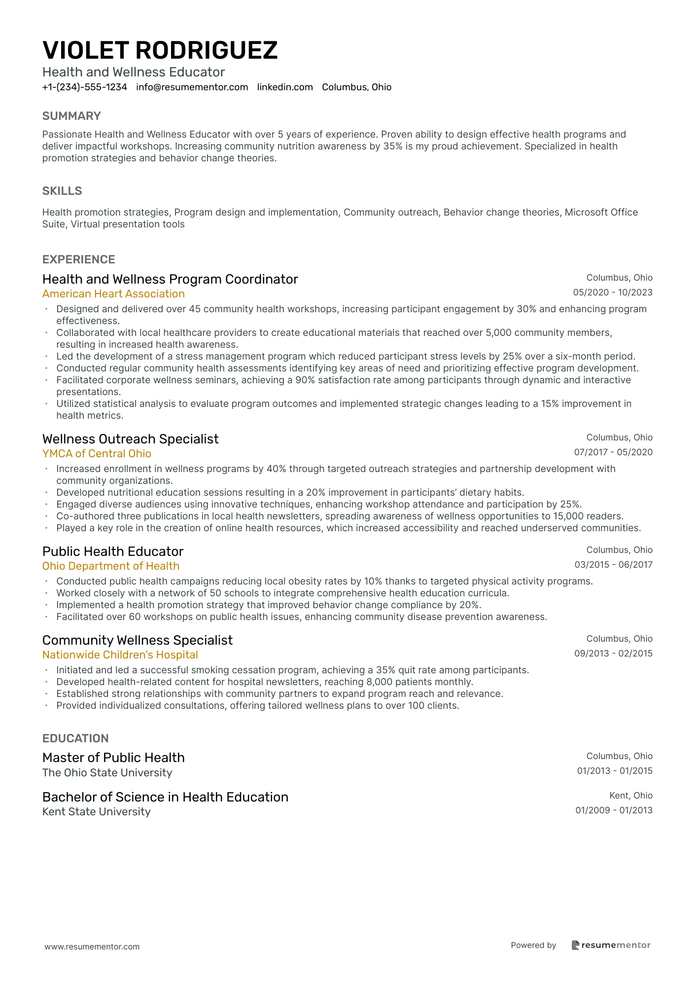 Elementary Physical Education Resume